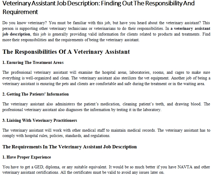 Veterinary Assistant Job Description Finding Out The Responsibility Veterinary Assistant Job Description Finding Out The Responsibility