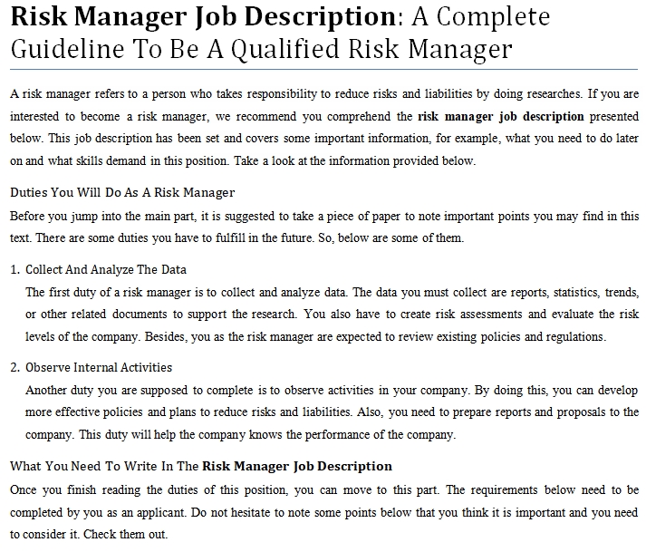 Risk Manager Job Description A Complete Guideline To Be A Qualified Risk Manager Job Description A Complete Guideline To Be A Qualified