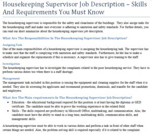 Housekeeping Supervisor Job Description – Skills And Requirements You ...