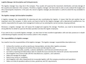 Logistics Manager Job Description and its Requirements | shop fresh